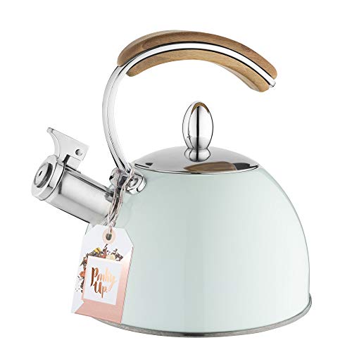 Pinky Up Presley Tea Kettle, Stovetop Stainless Steel Kettle, Whistling, Tea Accessory gifts, Fast Boil Water Kettle, Wooden Handle, 70 oz, Pistachio