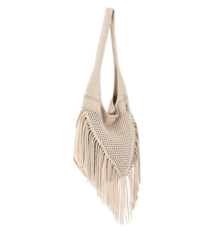 The Sak Back To Bali 120 Hobo Bag in Leather & Hand-Crochet, Large Shoulder Purse, Ecru Niagara