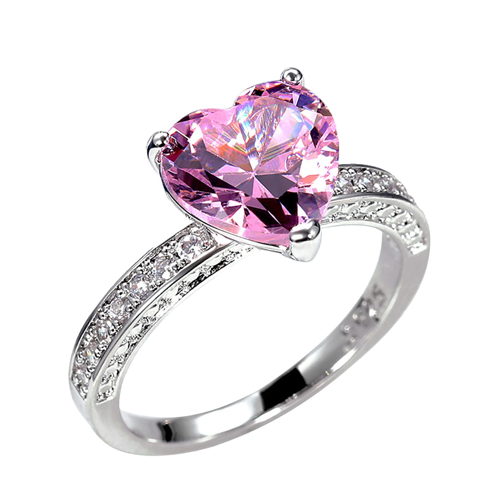 Women's Promise Rings Heart Shape Zirconia Diamond Engagement Eternity- Men's Punk Stacking Proposal Statement Anniversary Ring Bridal Wedding Band Rings Girl Jewelry Gift Size 6-10 (Pink, 9)