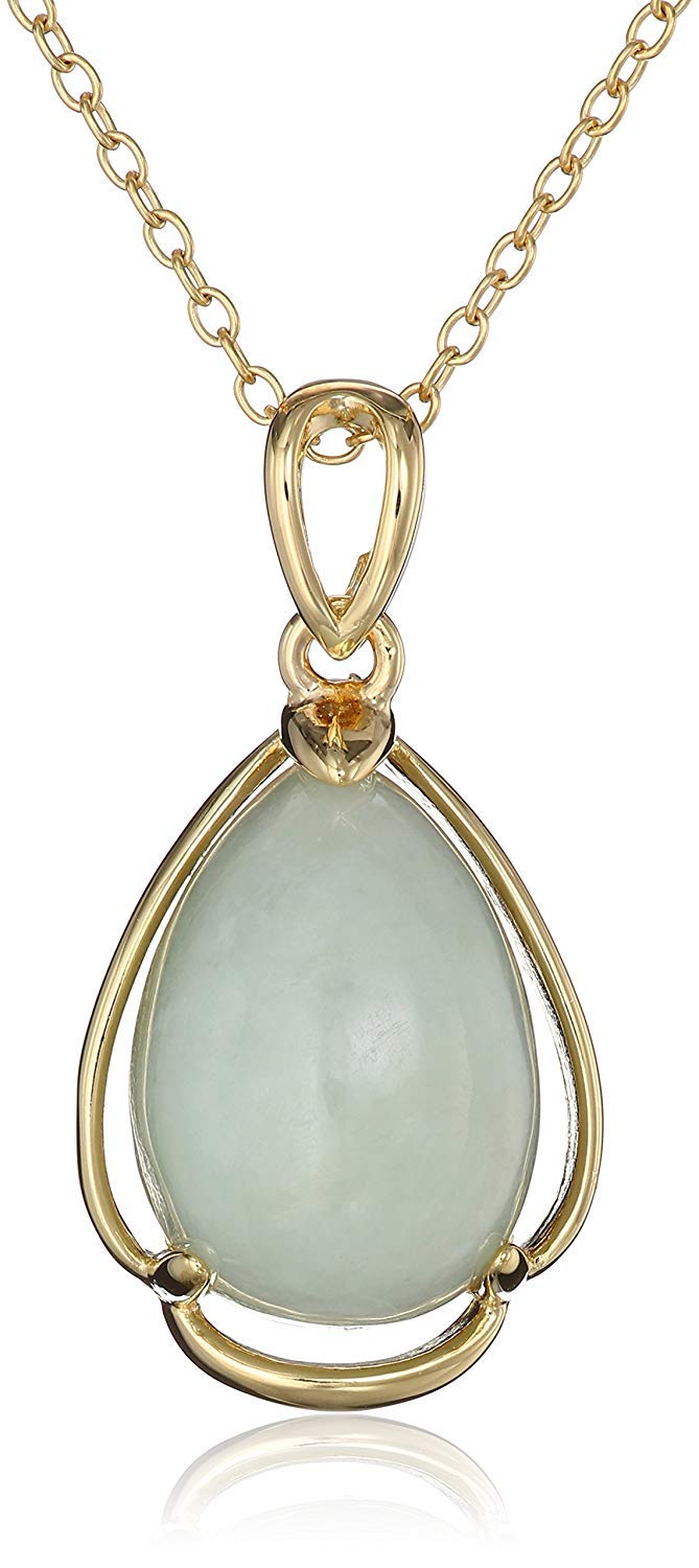 MORGAN & PAIGE 18K Yellow Gold Plated 925 Sterling Silver Genuine Green Jade Open Teardrop Pendant Necklace, 18"