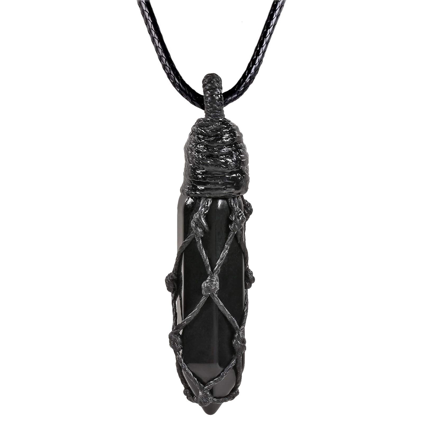 SUNYIK Hexagonal Crystal Point Pendant Necklace with Wax Rope Wrapped, Wrapped Stone Wand Necklace for Women Men, Obsidian