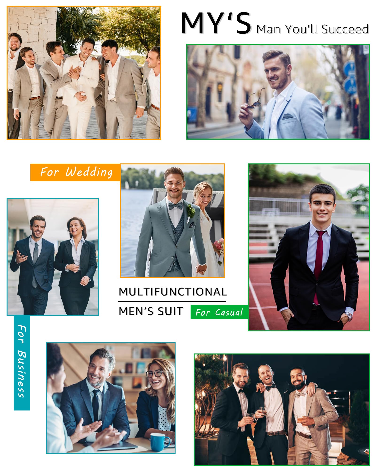 MY'S Men's Blazer Vest Pants Set, Solid Party Wedding Dress, One Button Jacket Waistcoat and Trousers, 3 Piece Slim Fit Suit with Tie Black