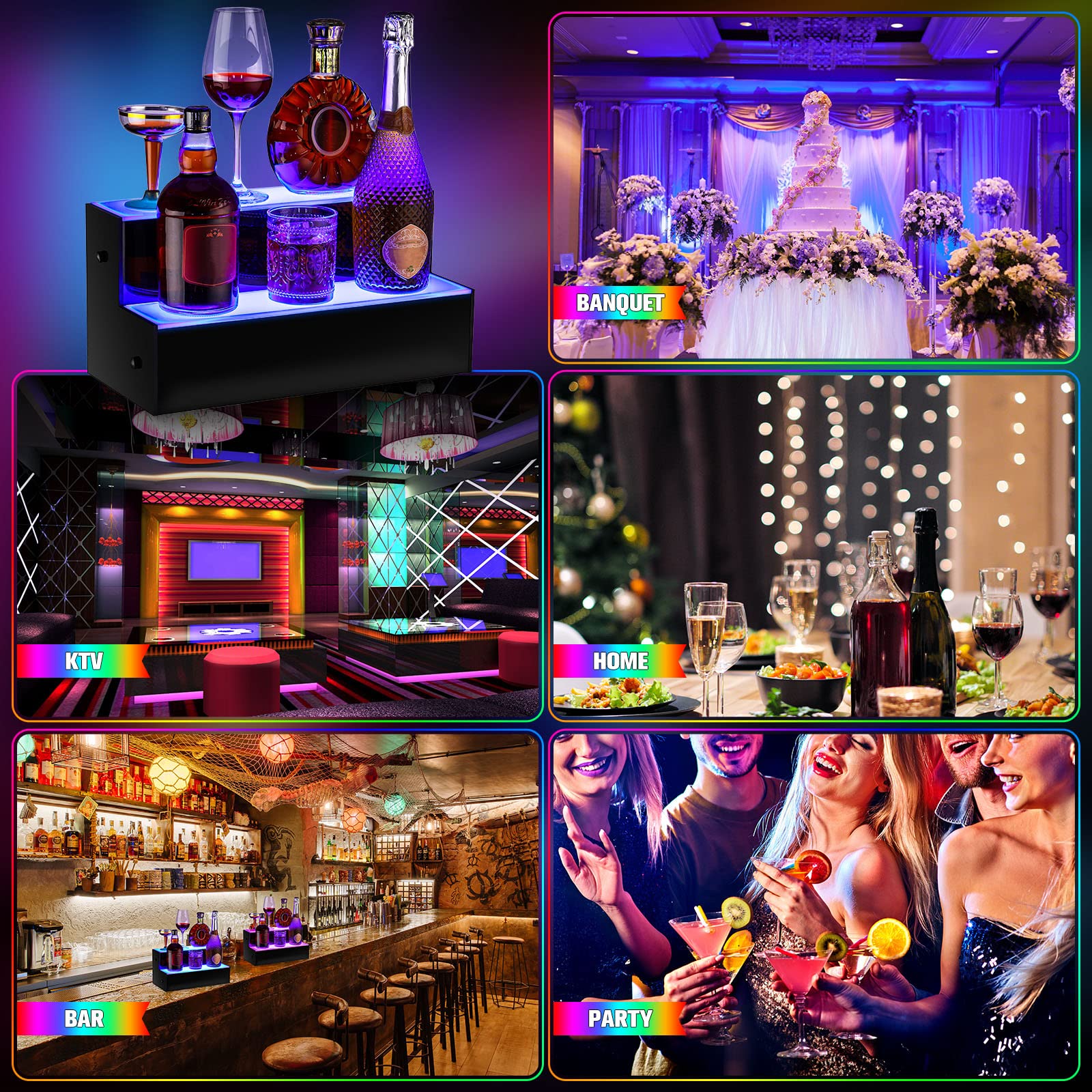 Qunclay 2 Pcs LED Lighted Liquor Bottle Display Bar Shelf 16 Inch 2 Step Illuminated Bar Bottle Alcohol Shelves for Home Bar Commercial Counterparty Acrylic Whiskey Rack Stand with Remote App Control