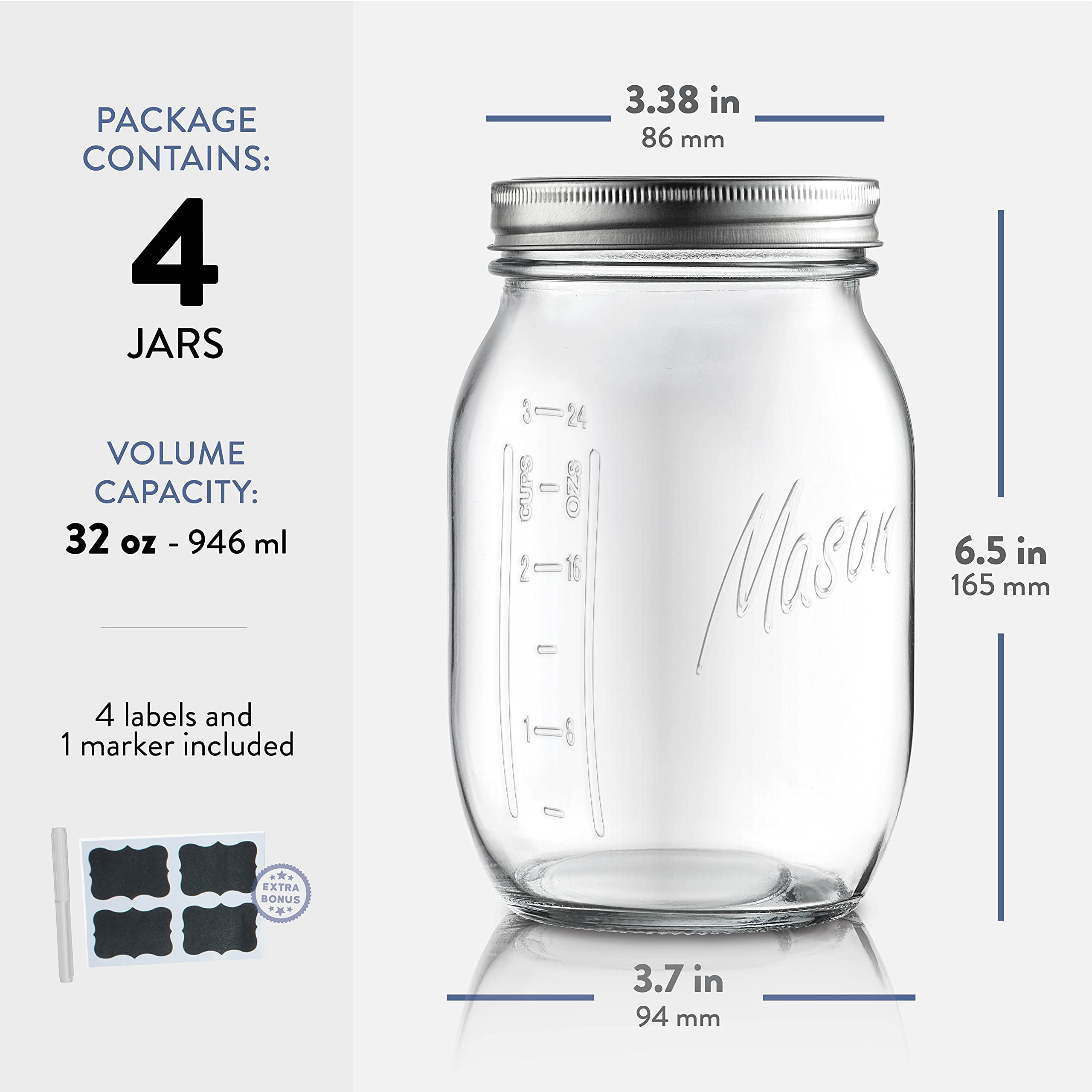 Paksh Novelty Mason Jars - Food Storage Container - 32 oz 12-Pack - Airtight Container for Pickling, Canning, Candles, Home Decor, Overnight Oats, Fruit Preserves, Jam or Jelly