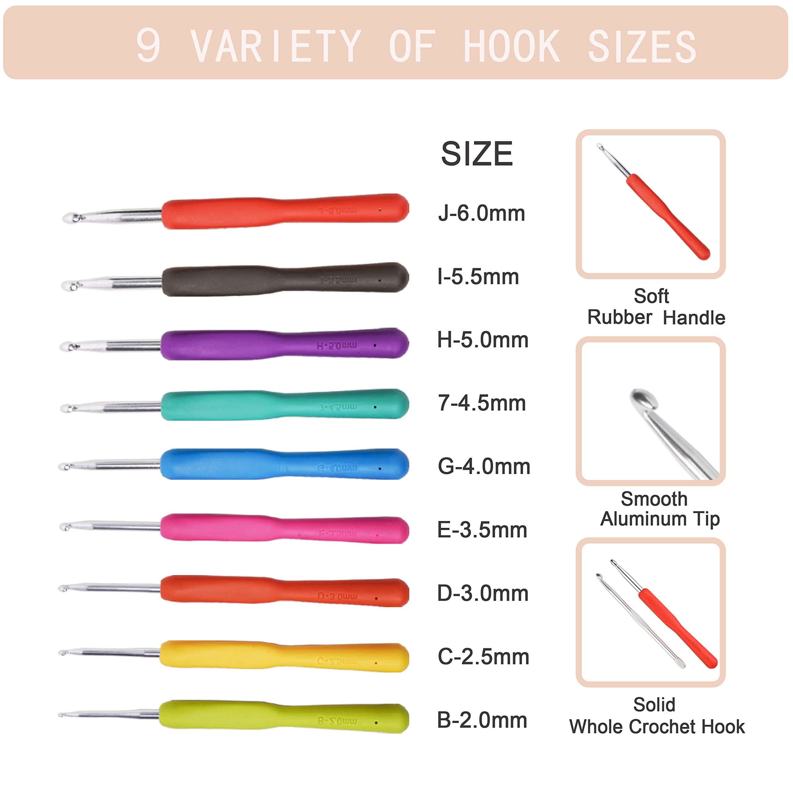 SHAXANO 31 Pcs Crochet Hooks Set, Crochet Kit for Beginners, 9 Size Crochet Hooks with Ergonomic Soft Grip, 22 Crochet Needle Accessories for Crocheting, Knitting and Arthritic Hands