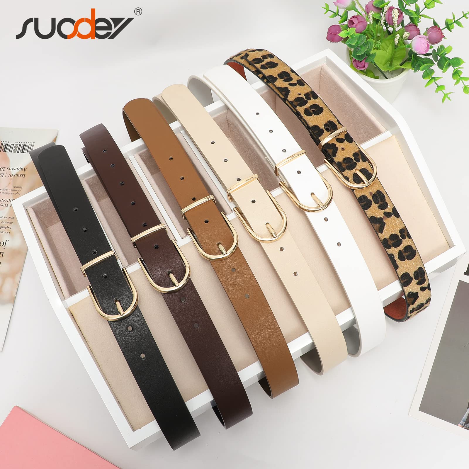 SUOSDEY 2 Pack Womens Fashion Leather Belts for Jeans Dresses Pants Black Brown Beige Ladies Belts with Gold Buckle