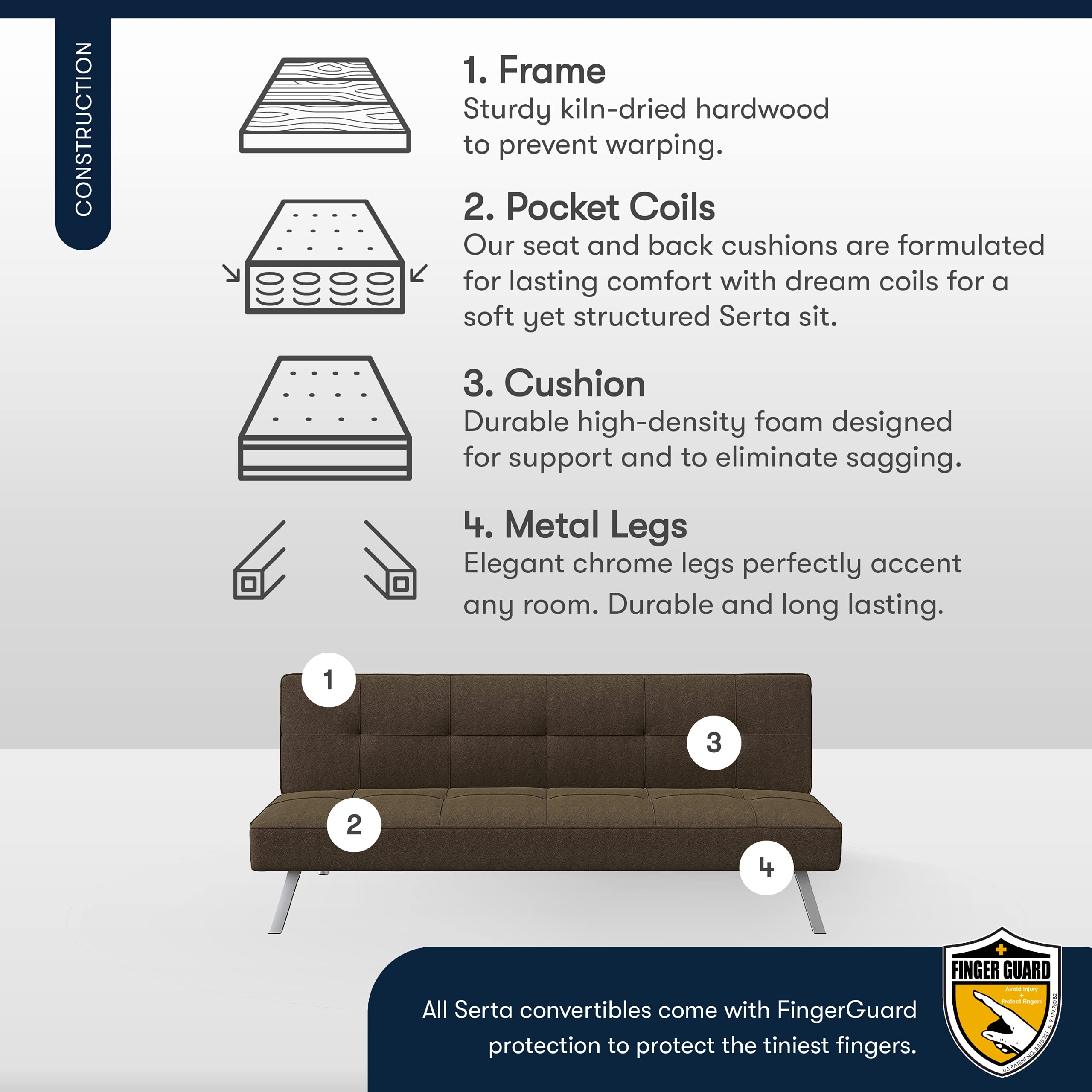 Serta Rane Futon, 66.1" W x 33.1" D x 29.5" H, Java & Rane Futon, 66.1" W x 33.1" D x 29.5" H, Navy Blue