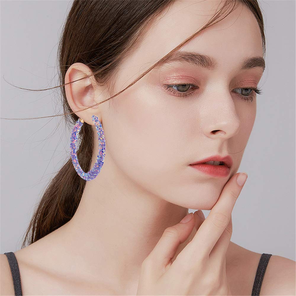 Sequins Hoop Earrings for Women Girls Handmade Bohemian Glitter Wrapped Gold Plated Dangle Drop Earring Circle Sequin Statement Earrings Boho Jewelry (Purple)