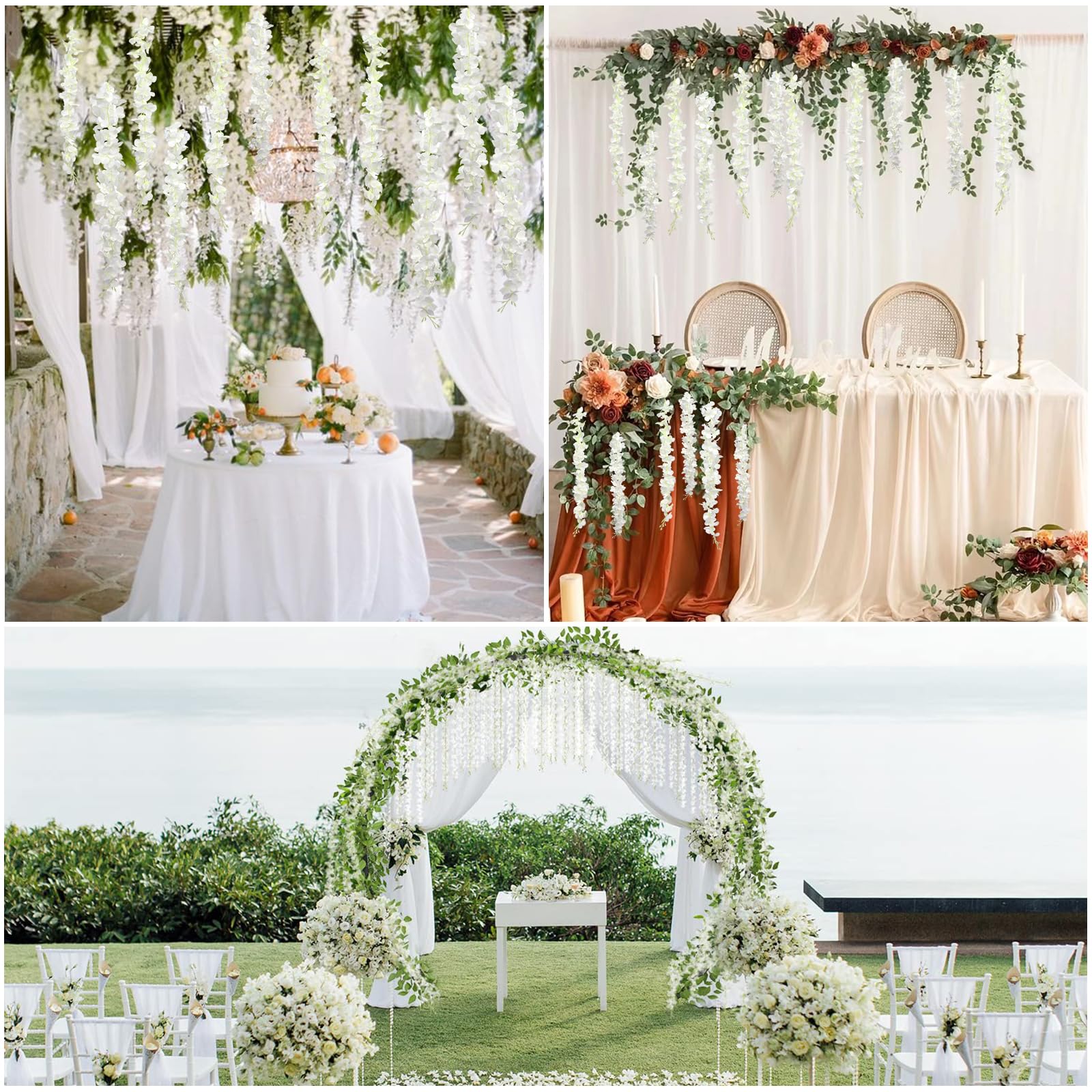 Pauwer Wisteria Hanging Flowers 24 Pack Fake Flower Garland Artificial Wisteria Vines Rattan Silk Flower String Wedding Party Wall Decorations,White