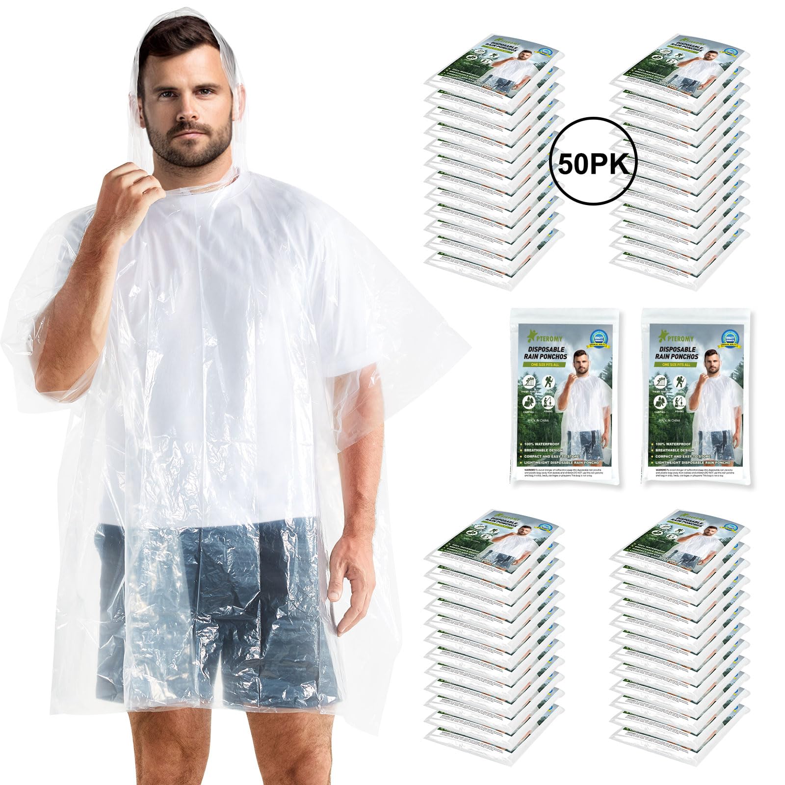 PTEROMY Thickened Disposable Rain Ponchos for Adults, 1.5mil Rain Poncho (5Pk)