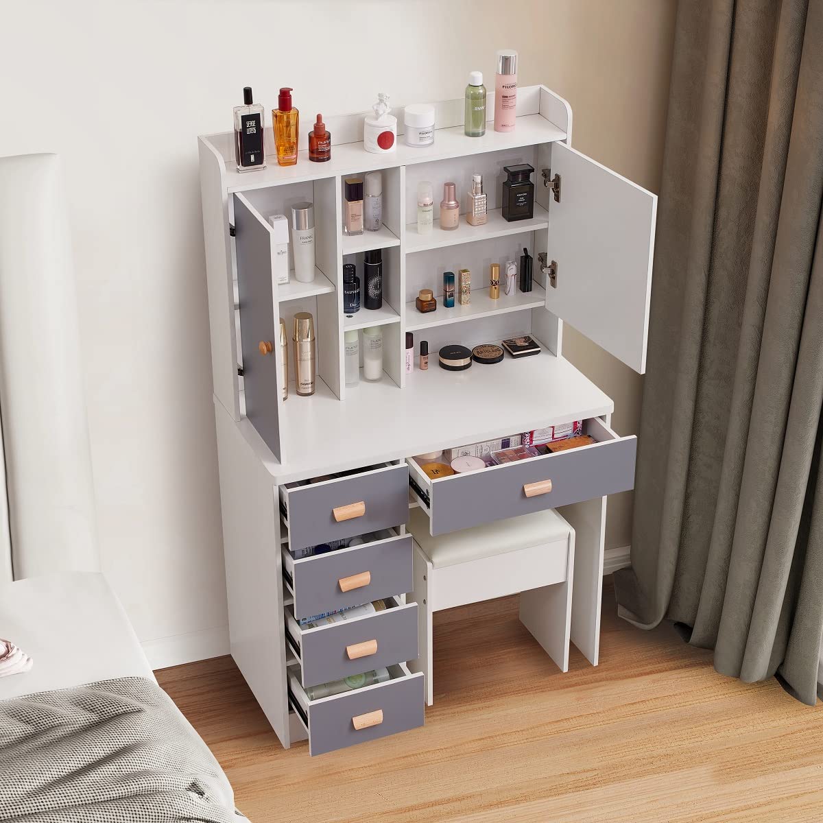meolanov Modern Makeup Table with Mirror and Cushioned Stool, Dressing Table with Hidden Shelves, 5 Drawers, Bedroom Dressing Table,Vanity Stool for Women, Girl’s Room