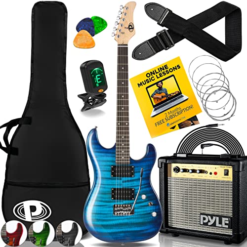 Pyle Electric Guitar Kit with Amp, Full Size Instrument with Humbucker Pickups, Guitarra Electrica Amplifier and Beginner Bundle Accessories, 39" Legacy Blue