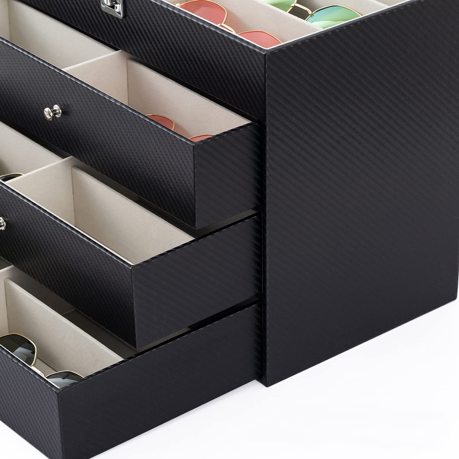 RUTILY 4 Layers Sunglasses Organizer Case 24 Slots Eyeglasses Display Storage Organizer Box Leather Sunglasses Holder Case for Eyeglasses Collector,Eyeglasses Display Case with Metal Lock