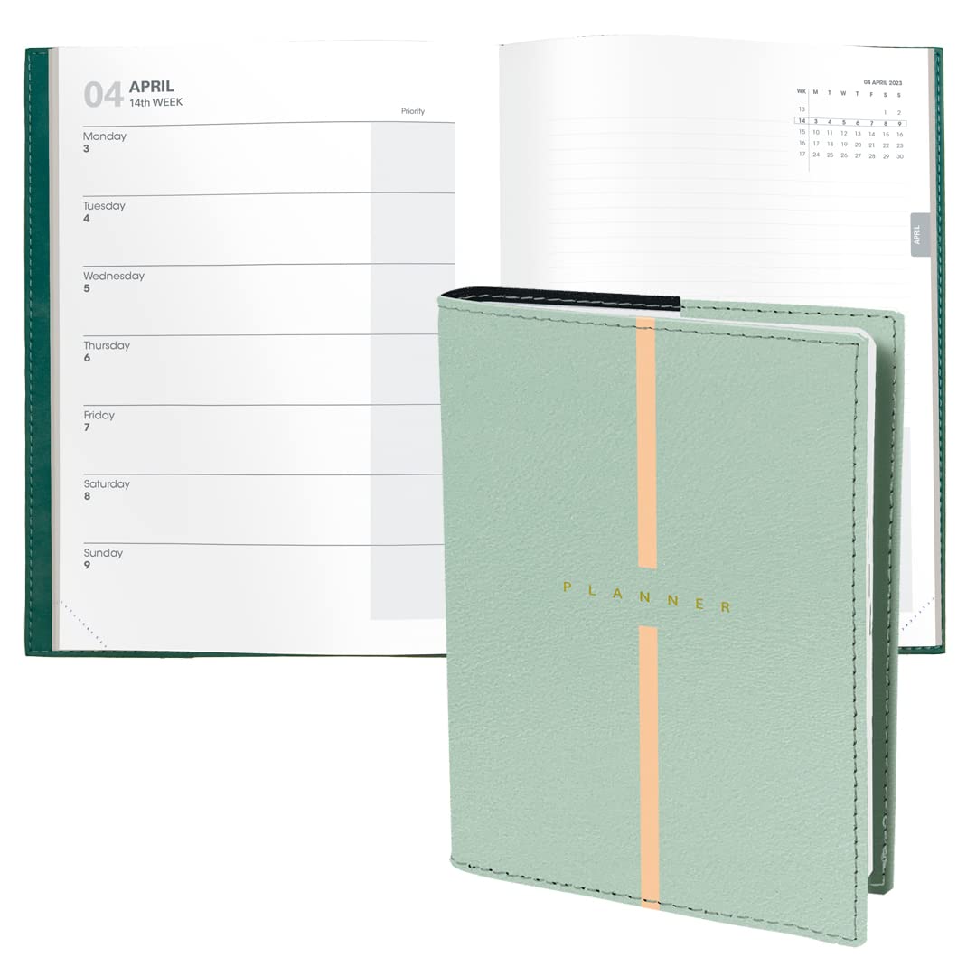 Quo Vadis 2023-2024 Note 21 Weekly Planner 17 Months, Aug. to Dec. 6" x 8 1/4" Smooth Faux Leather Billy Green - A Modern Design for Journaling and Detailed Planning