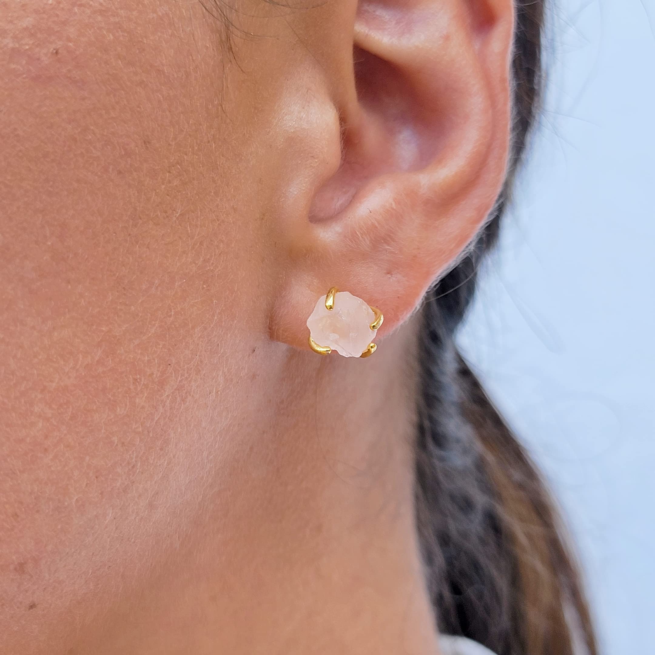 Natural raw rose quartz stud earrings with yellow gold over 925 sterling silver, 6 to 7mm rough genuine quality birthstone gift for her, Uniquelan Jewelry (rose-quartz)
