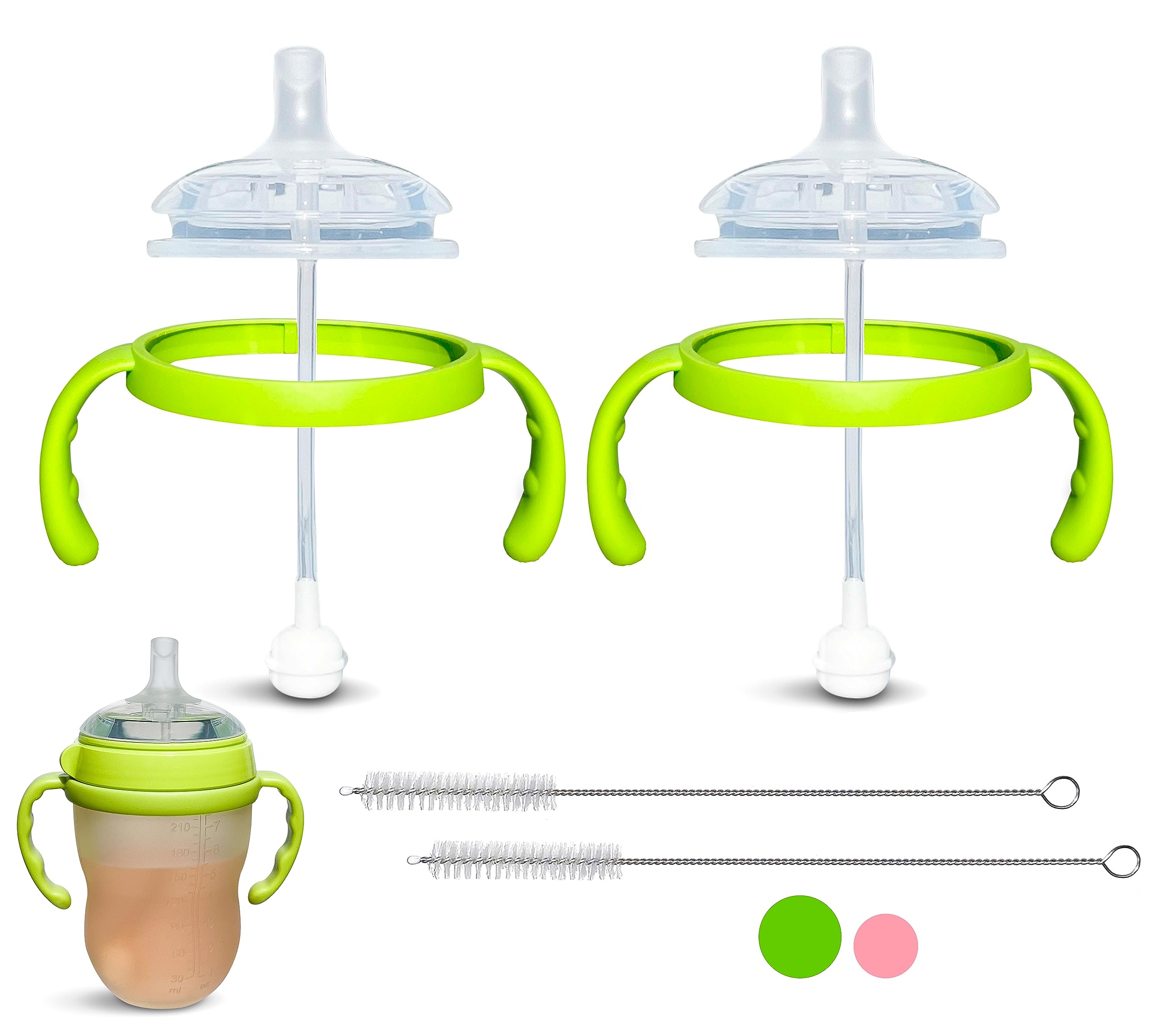 Straw Cup Conversion Kit for Comotomo Baby Bottles | 2-Count | with Soft Silicone Straw Top Nipples, Weighted Any Angle Straw Ball, Bottle Handles and Straw Cleaning Brush (Straw Top, Green)