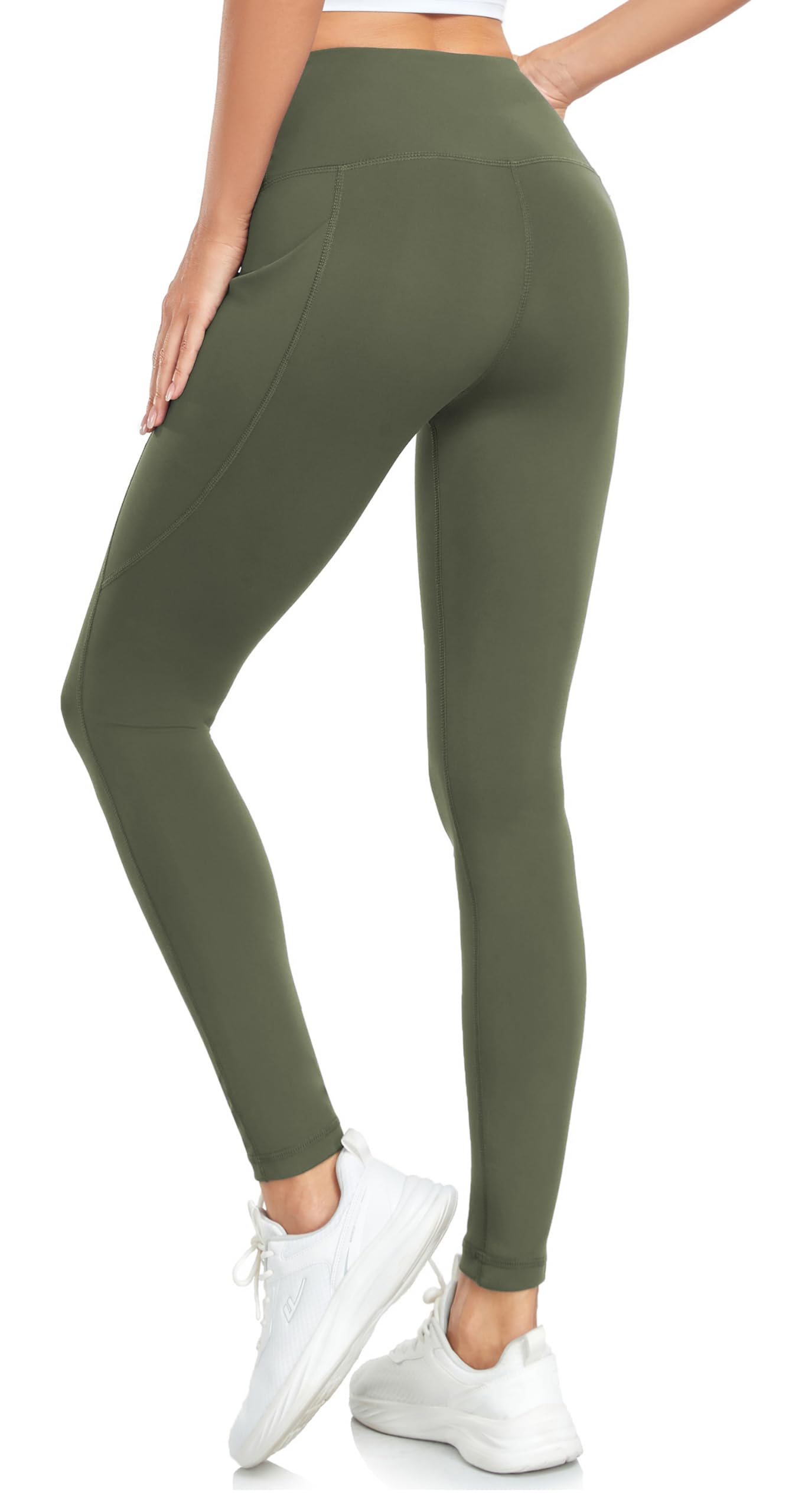 Taydey Women's High Waisted Yoga Leggings with Pockets,Tummy Control Workout Athletic Running Yoga Pants Olive Green L