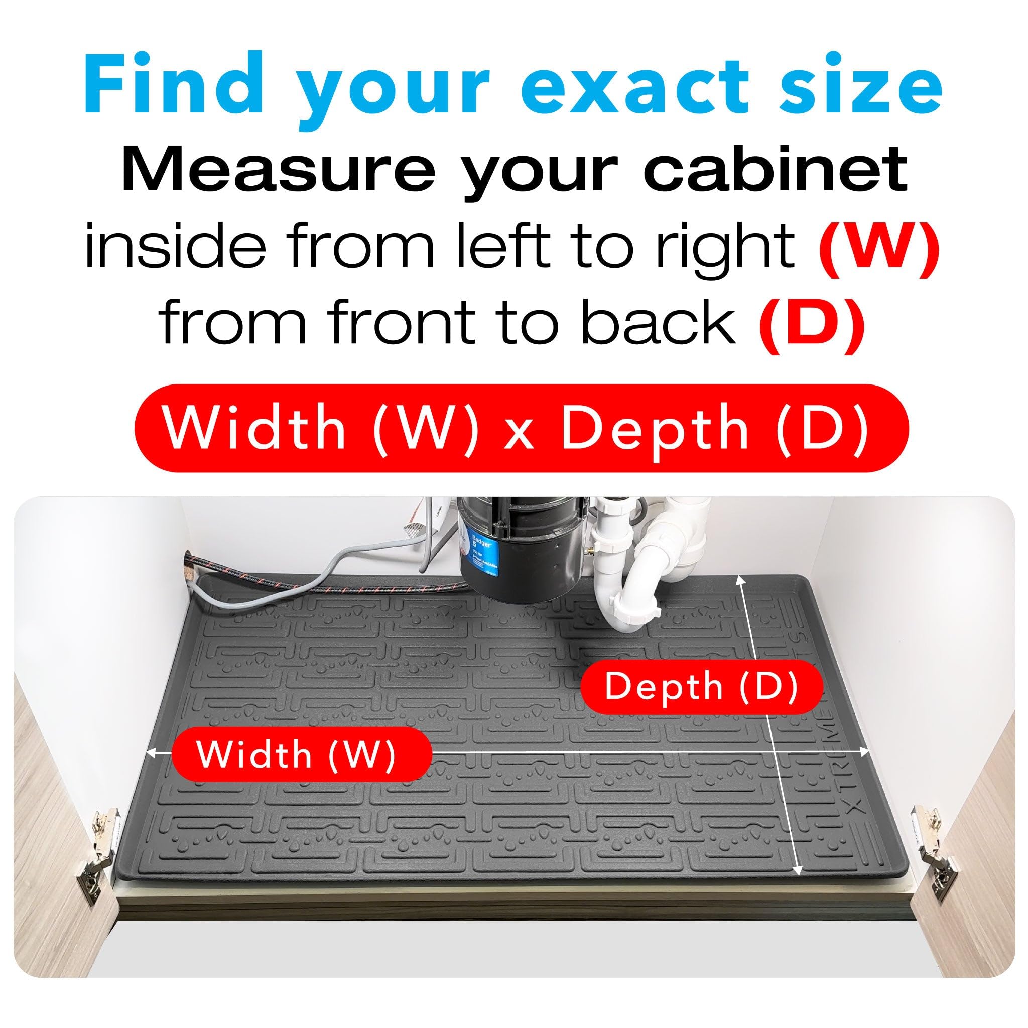 Xtreme Mats - Waterproof Under Sink Mat Shelf Liner Cabinet Liner for Kitchen & Laundry Cabinets (Gray 25" 1/4 x 22 1/4) Kitchen Cabinet Shelf Protector Flexible Under Kitchen Sink Drip Tray Liner