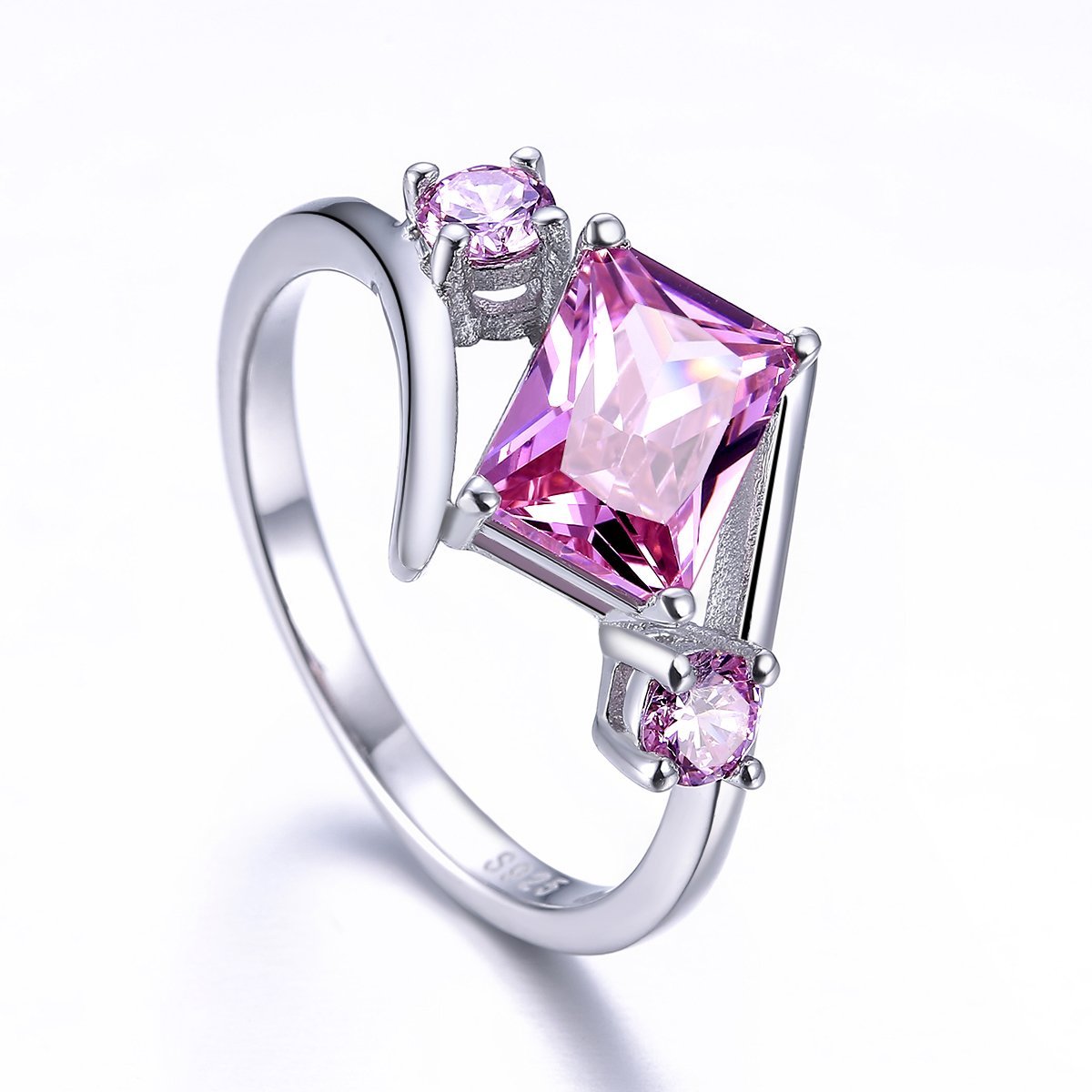 Merthus 5x7mm Radiant Cut Simulated Pink Topaz 925 Sterling Silver Bypass Geometric Ring for Women Size 9