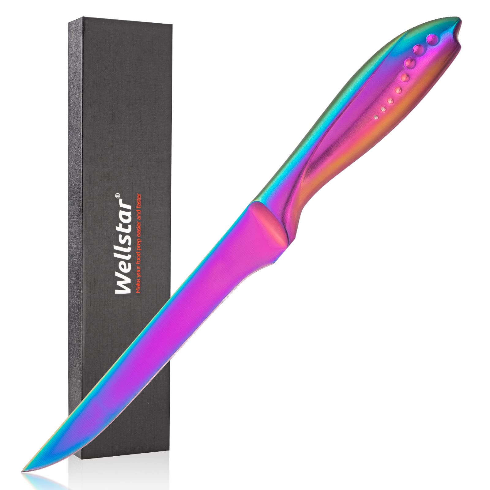WELLSTAR Boning Knife 6 Inch, Razor Sharp German Steel Fillet Knife for Trimming Brisket/Rib/Steak/Meat, Deboning Chicken, Processing Fish/Game Meat, Rainbow Titanium Coating, Strong Durable Handle
