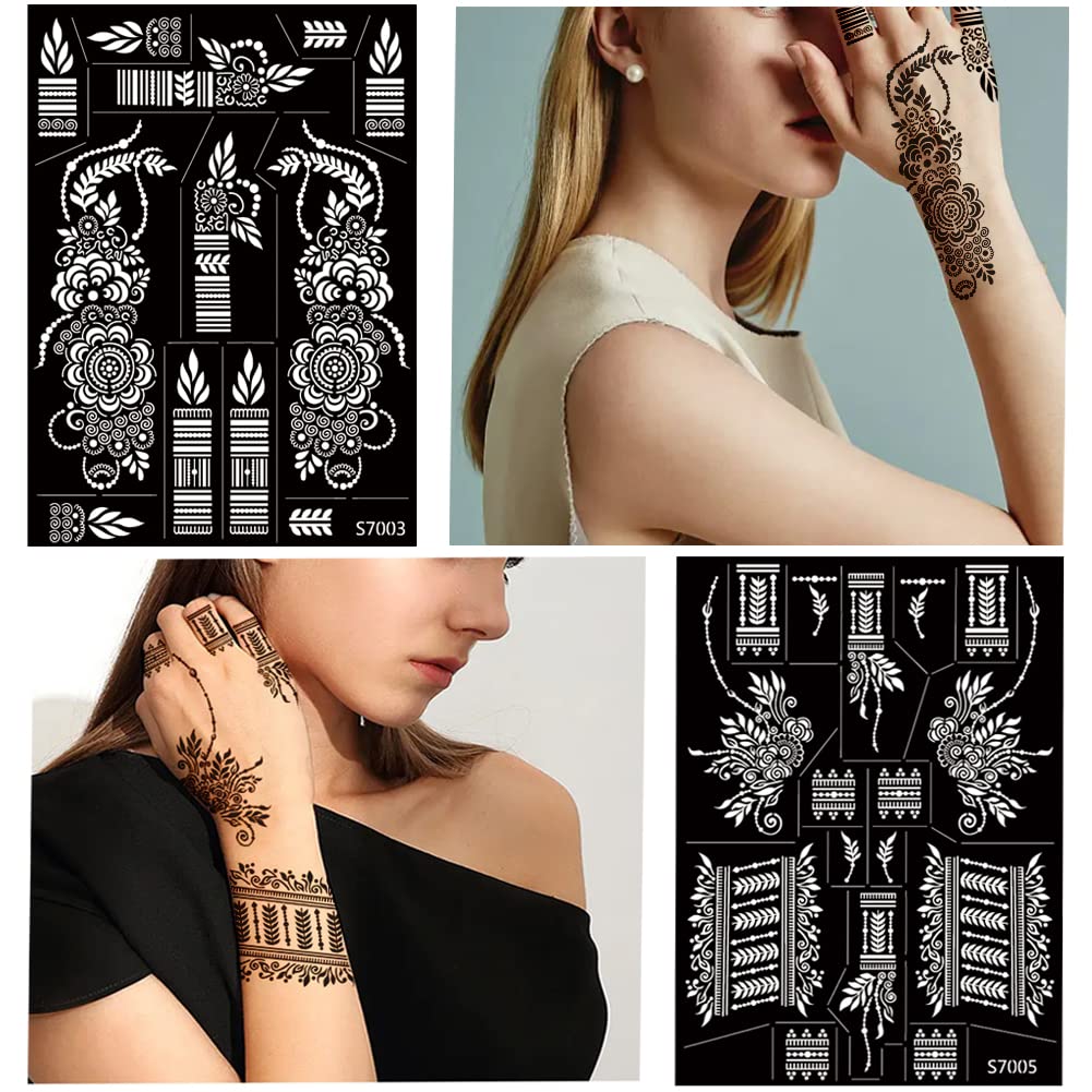 PPVWEY 10 Sheets Henna Tattoo Stencils 10 Pair Arm Hand Henna Tattoo Template Temporary Indian Arabian Glitter Airbrush Tattoo Stickers for Face Body Paint DIY (Black)