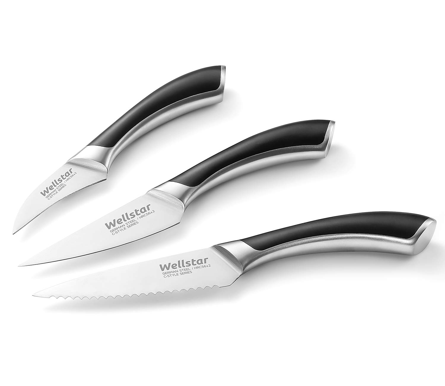 WELLSTAR Paring Knives Set, 3-Piece Fruit Peeling Knife Set, 2.75 Inch Bird Beak, 3.5 Inch Paring, 4 Inch Serrated Utility, Super Sharp German Stainless Steel Forged Blade and Full Tang Handle