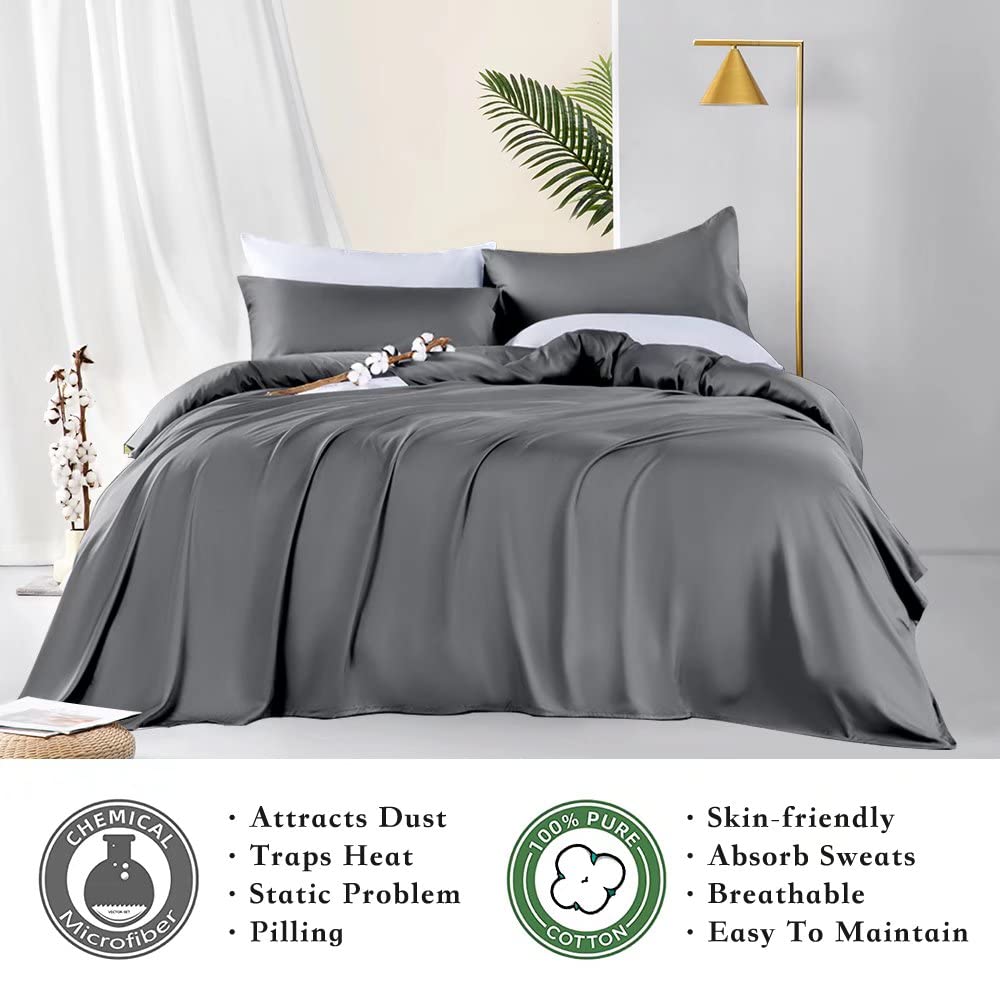 Shilucheng 1000 Thread Count 100% Cotton Queen Size Bed Sheets Set, 16" Deep Pocket Pure Egyptian Cotton,Ultra Soft Cooling Pillowcase Set -4 Piece(Drak Grey,Queen)