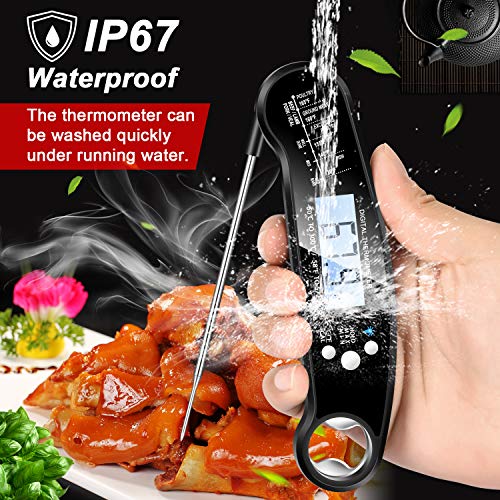 Waterproof Digital Instant Read Meat Thermometer Folding Probe Calibration Function for Cooking Food Candy, BBQ Grill, Calibration Bottle Opener for Kitchen (Black)
