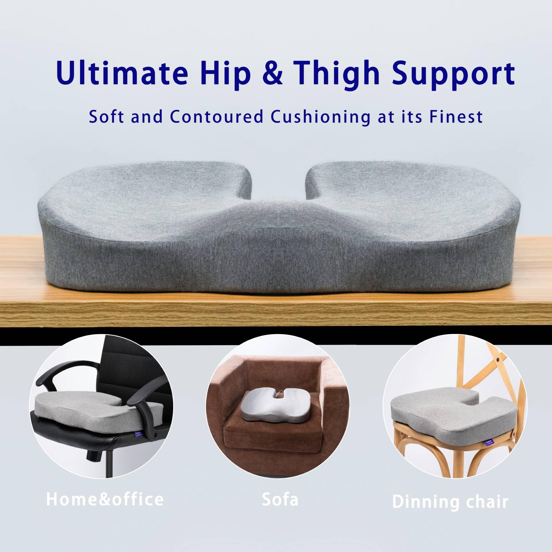 Pubemy Gel Infused High Dense Memory Foam Seat Cushions for Office Chair, Car, Wheelchair-Coccyx Seat Cushion for Tailbone Pain Pressure Relief (Light Grey)
