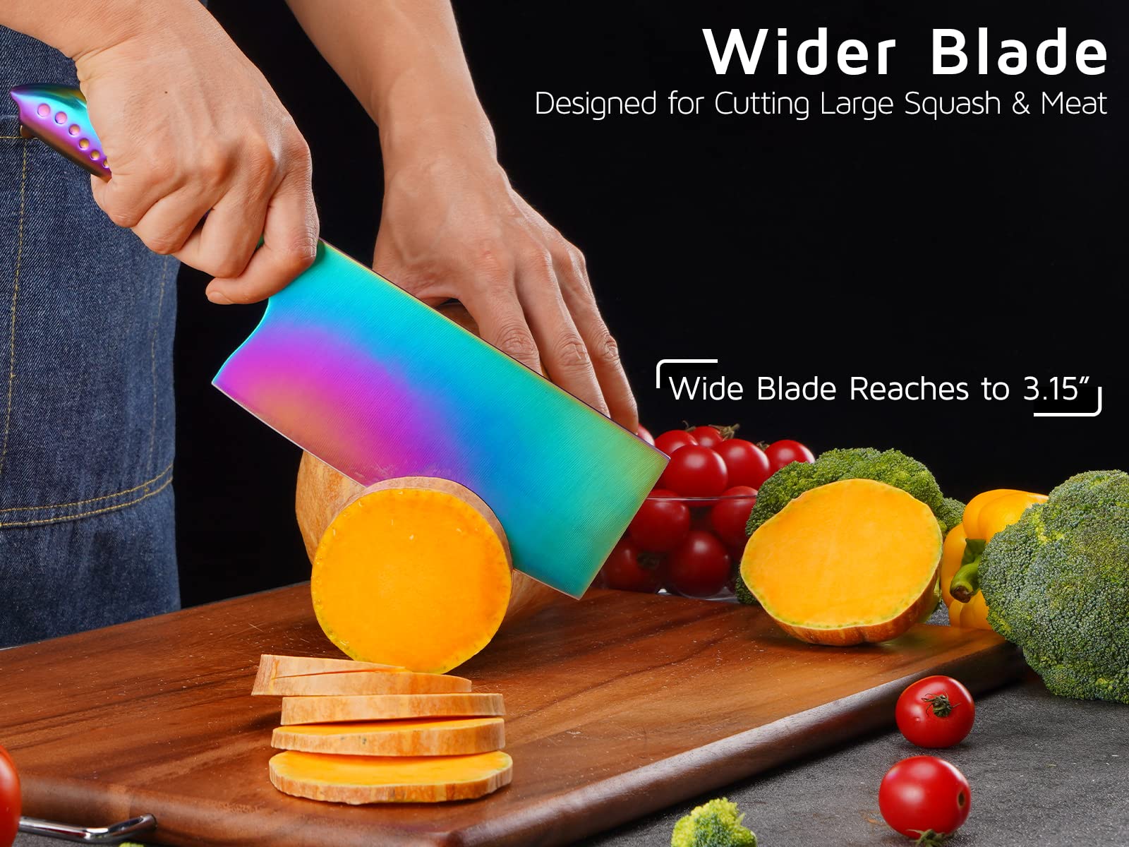 WELLSTAR Rainbow Meat Cleaver, 7 inch Iridescent Chinese Meat Vegetable Butcher Knife, Super Sharp German High Carbon Stainless Steel Chef’s Kitchen Knife with Ergonomic Handle for Home Restaurant