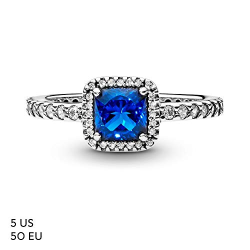 Pandora Jewelry Blue Square Sparkle Halo Crystal and Cubic Zirconia Ring in Sterling Silver, Size 5