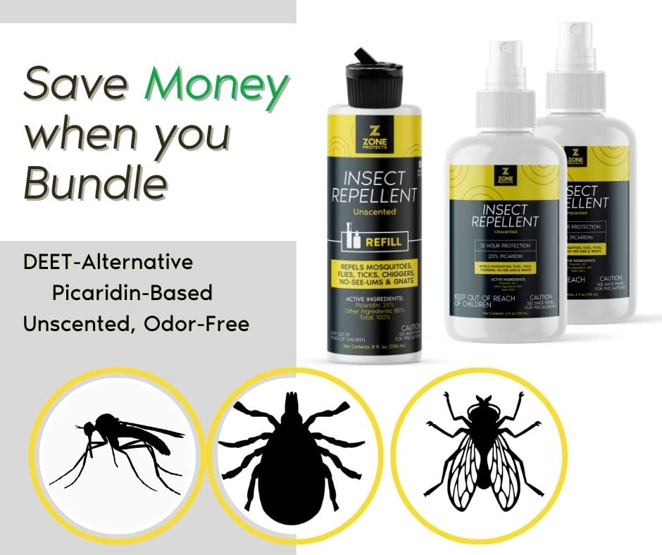 Zone Protects Unscented Picaridin Insect Repellent Spray 2 Pack + Refill. DEET-Alternative. Picaridin Based. Picaridin has 12-hr Proven Protection. Picaridin Repels Ticks, Gnats and Mosquitoes.