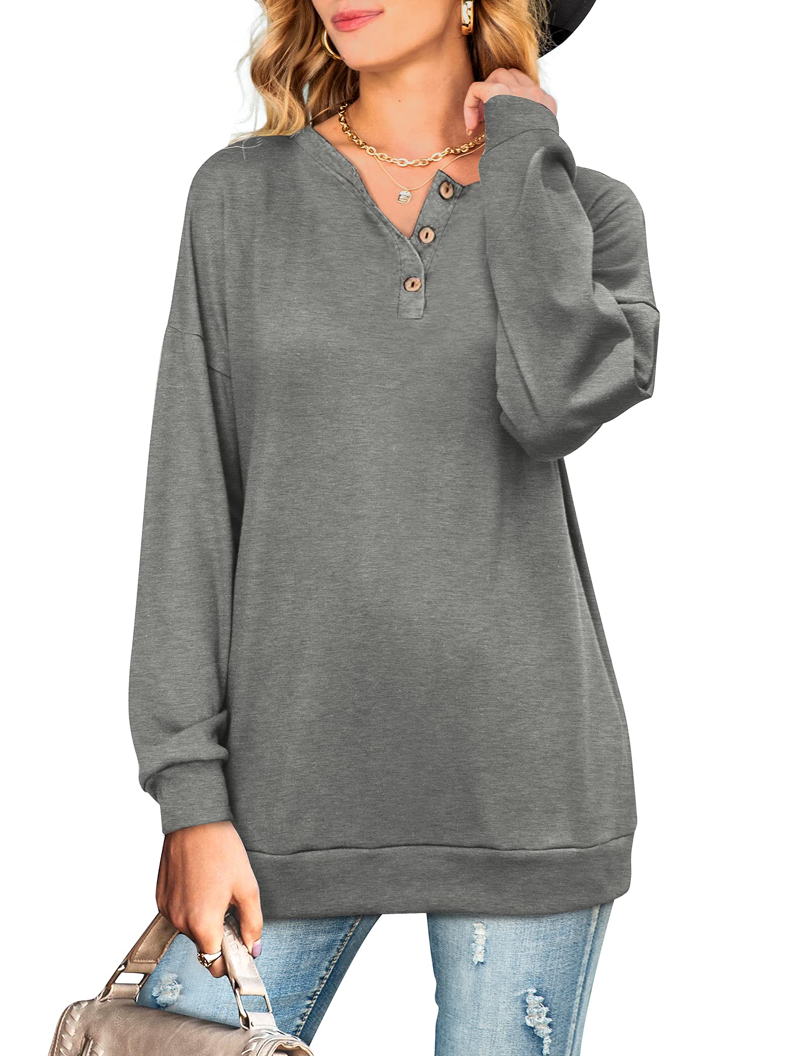 Saloogoe Tunic Sweatshirt for Women Oversized Long Sleeve Shirts Button Casual Tops Grey M