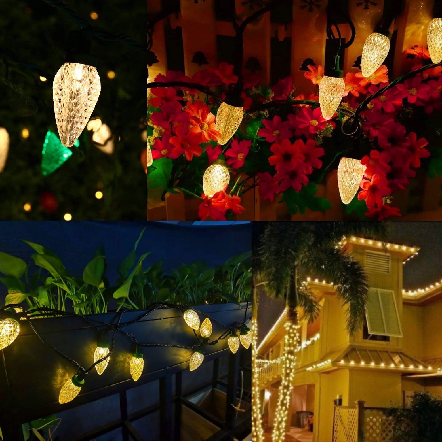 OZS- Extendable C9 Christmas Lights, 50 LED 49ft Green Wire Outdoor Fairy Lights with UL Adaptor, String Lights for Christmas Tree Patio Wedding Party Decoration(Warm White)
