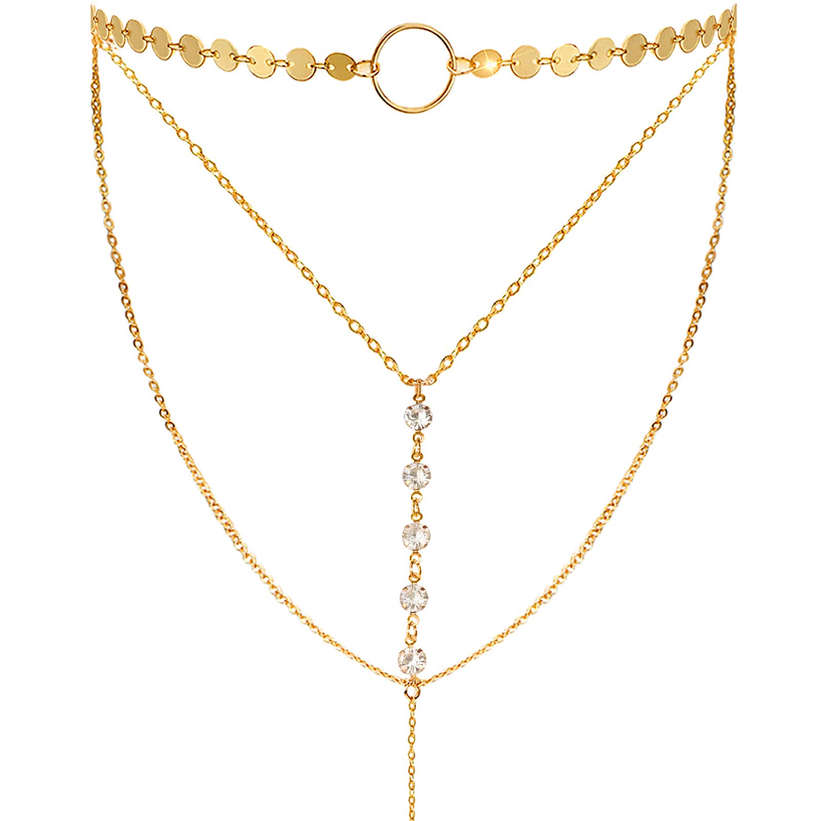 Suyi Stylish Layered Sequins Choker Necklace with Thin Long Chain Pendant for Women Lady (Crystal Gold)