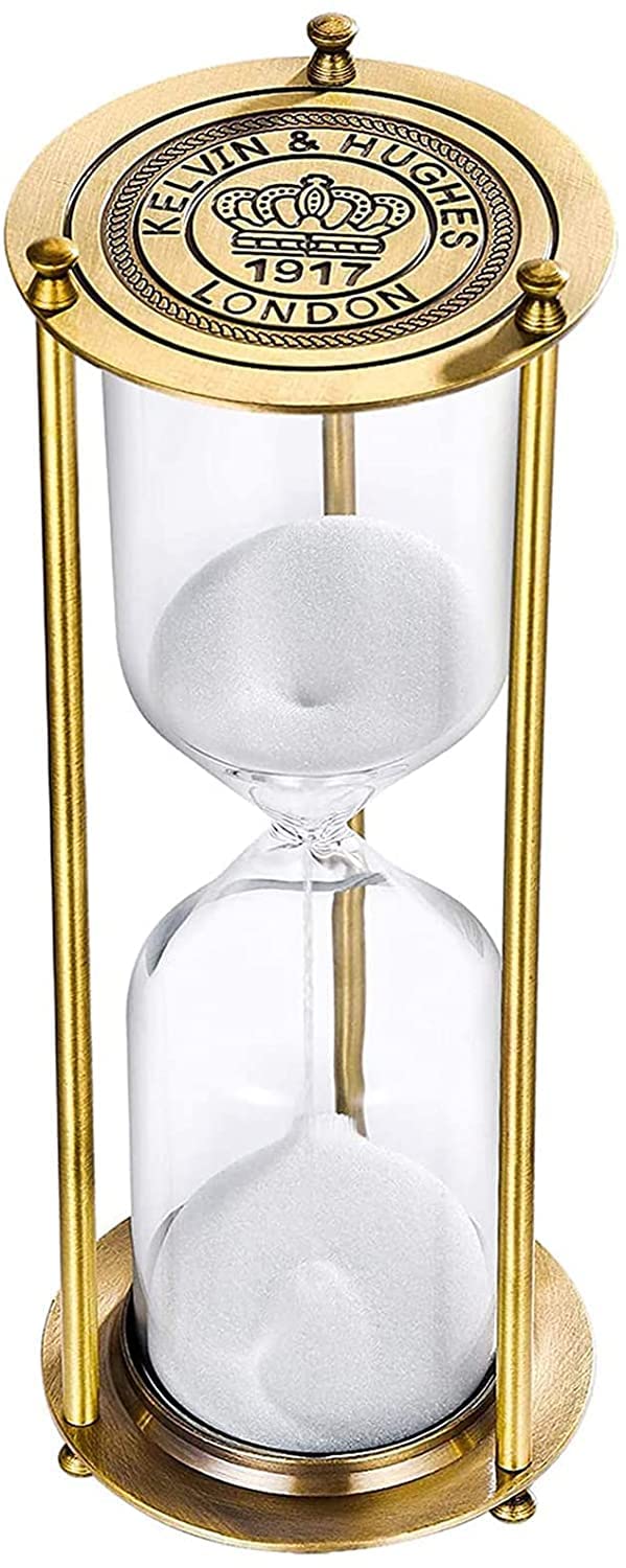 Vintage Sand Timer 5 Minute Hourglas,5.1 Inch Small Sand Clock, Antique Brass Grave Sand Watch 5 Min,Antiguo Reloj De Arena 5 Minuto,Metal Unique Sandglass for Kitchen Home Office Game Gifts