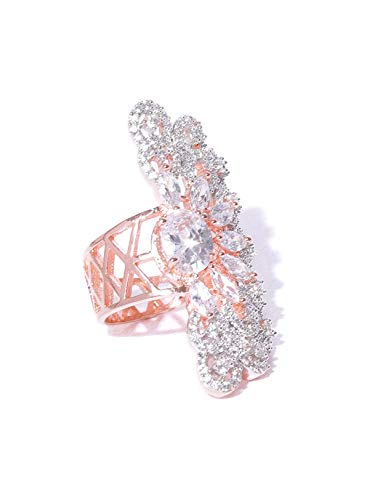 Priyaasi Sparkling American Diamond Ring for Women | Half-Flower Design | Rose Gold-Plated | Stylish Statement Cocktail Ring for Girlfriend & Wife | Size - 22