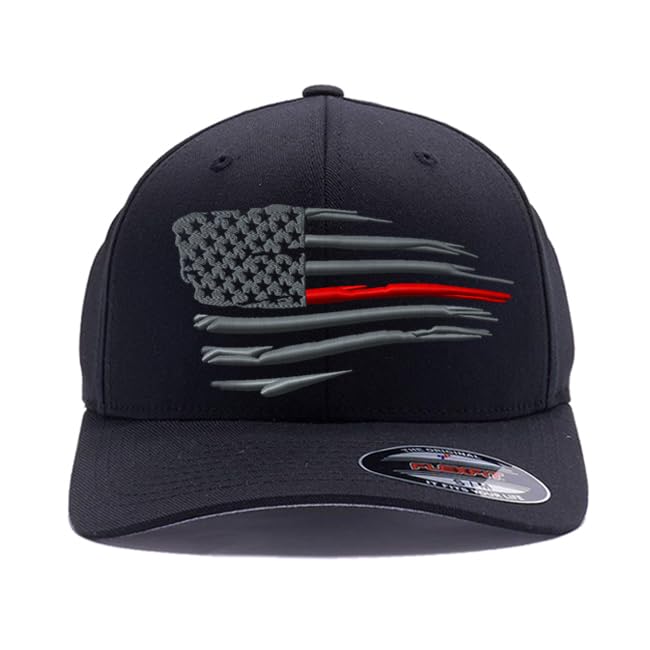 Thin Red Line and Thin Blue line Waving USA Flag. Embroidered, Flex fit 6280 Wooly Combed Twill Cap hat (Black - Blue Line, S/M)