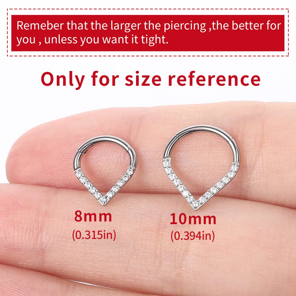 VOJO G23 Titanium Teardrop Septum Ring Daith Piercing Earrings Jewelry Tragus Helix Nose Rings for Women (10mm,CZ Silver)
