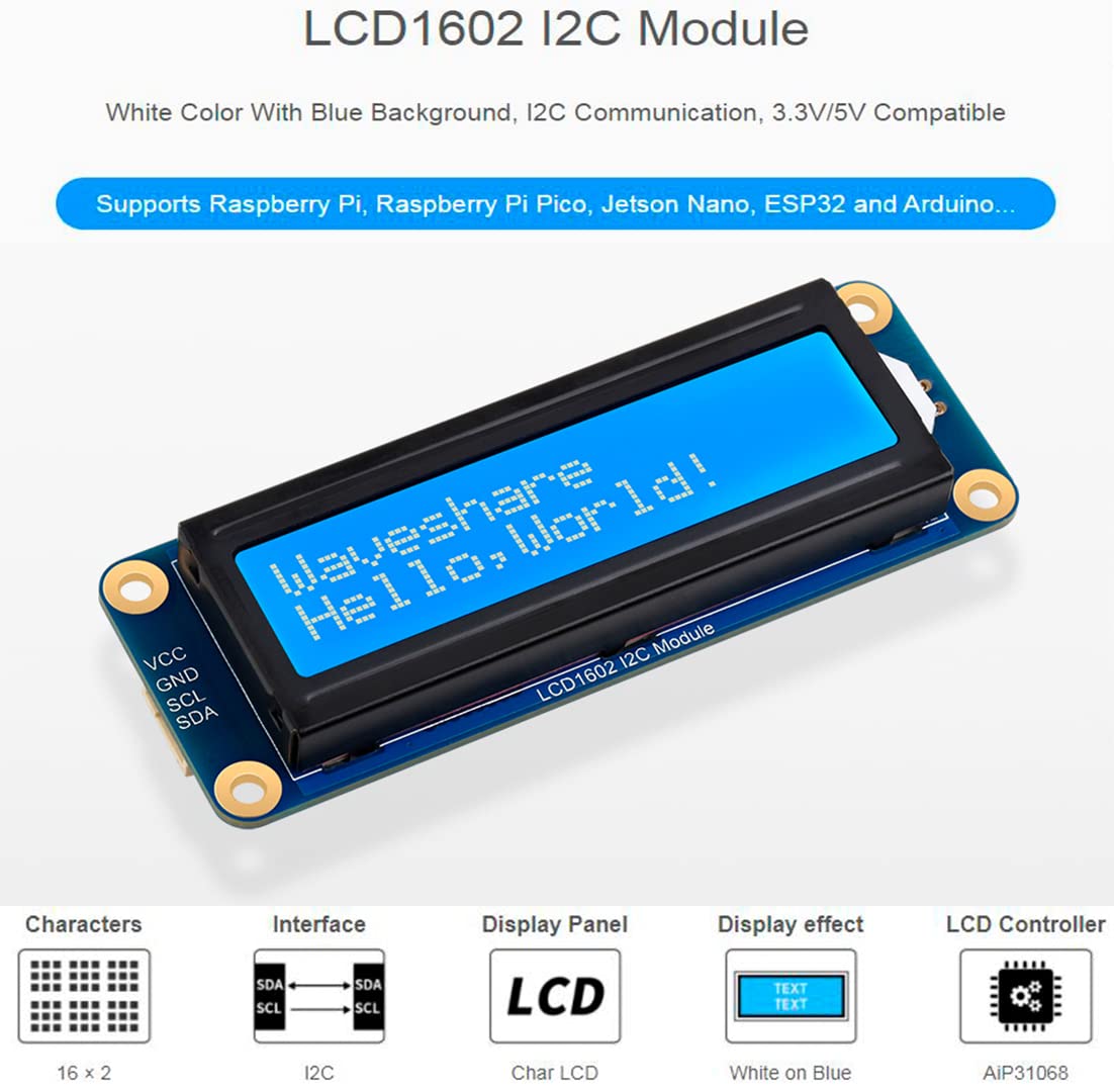 waveshare AiP31068 LCD1602 I2C Module,16x2 Characters Display, White Color with Blue Background, Compatible with Arduino/Raspberry Pi/Raspberry Pi Pico/Jetson Nano/ ESP32, 3.3V/5V