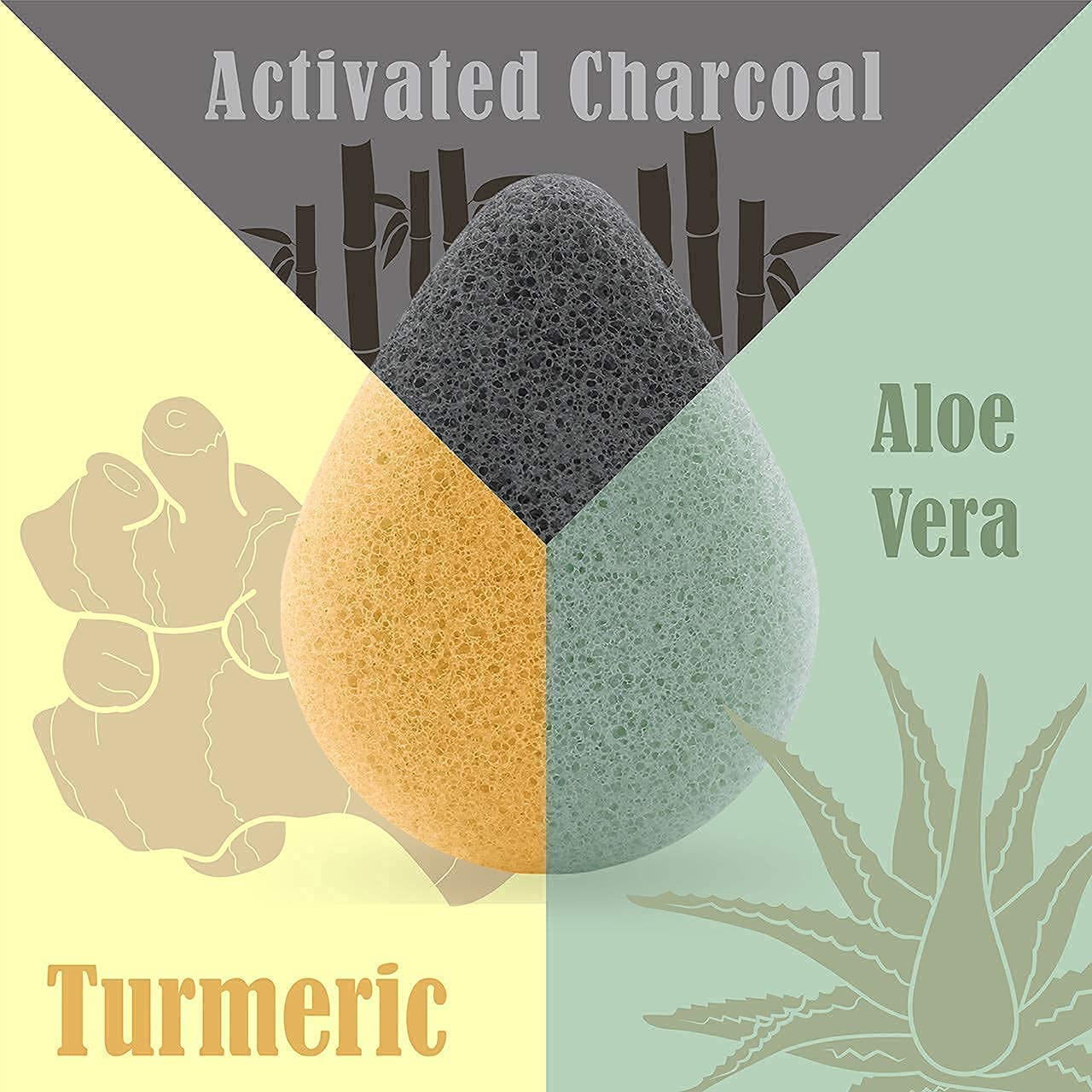myHomeBody Natural Konjac Facial Sponges โ Teardrop Shape - for Gentle Face Cleansing and Exfoliation - with Activated Charcoal and Aloe Vera, 4pc Set