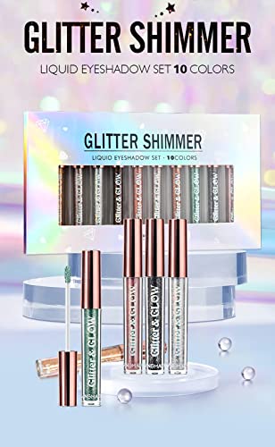 SUMEITANG 10 Colors Liquid Eyeshadow Metallic Glitter Eyeshadow Set Diamond Shimmer Sparkling Smokey Eye Looks Quick-Drying Waterproof Long Lasting for Women Eye Makeup Gift Kits