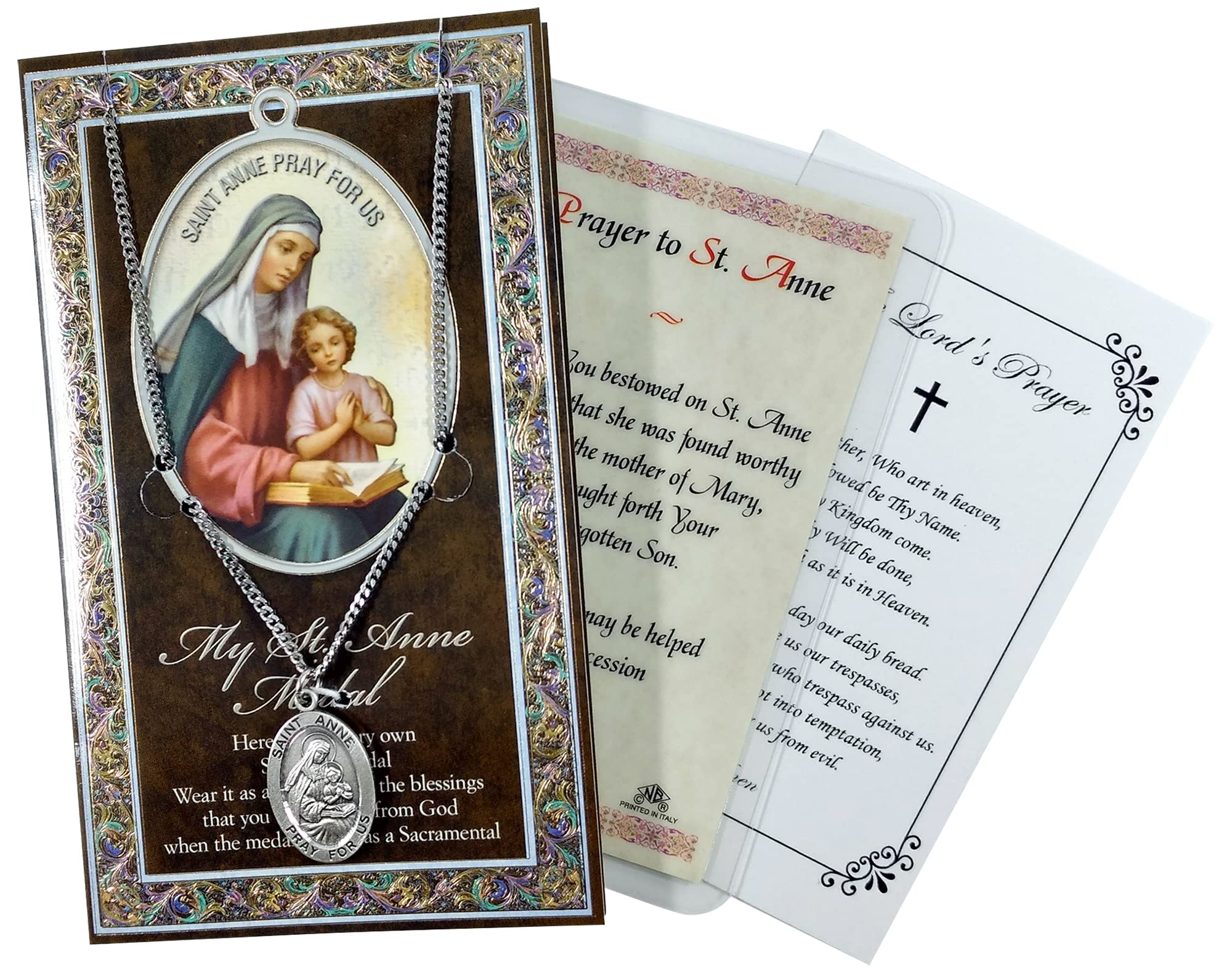 Saint Anne Medallion with St Anne Prayer Card, Lord's Prayer Card | St Anne Medal Necklace Jewelry | Catholic Patron Saint Of Unmarried Women, Mothers, Grandmothers Themed Set, Total 3 Items