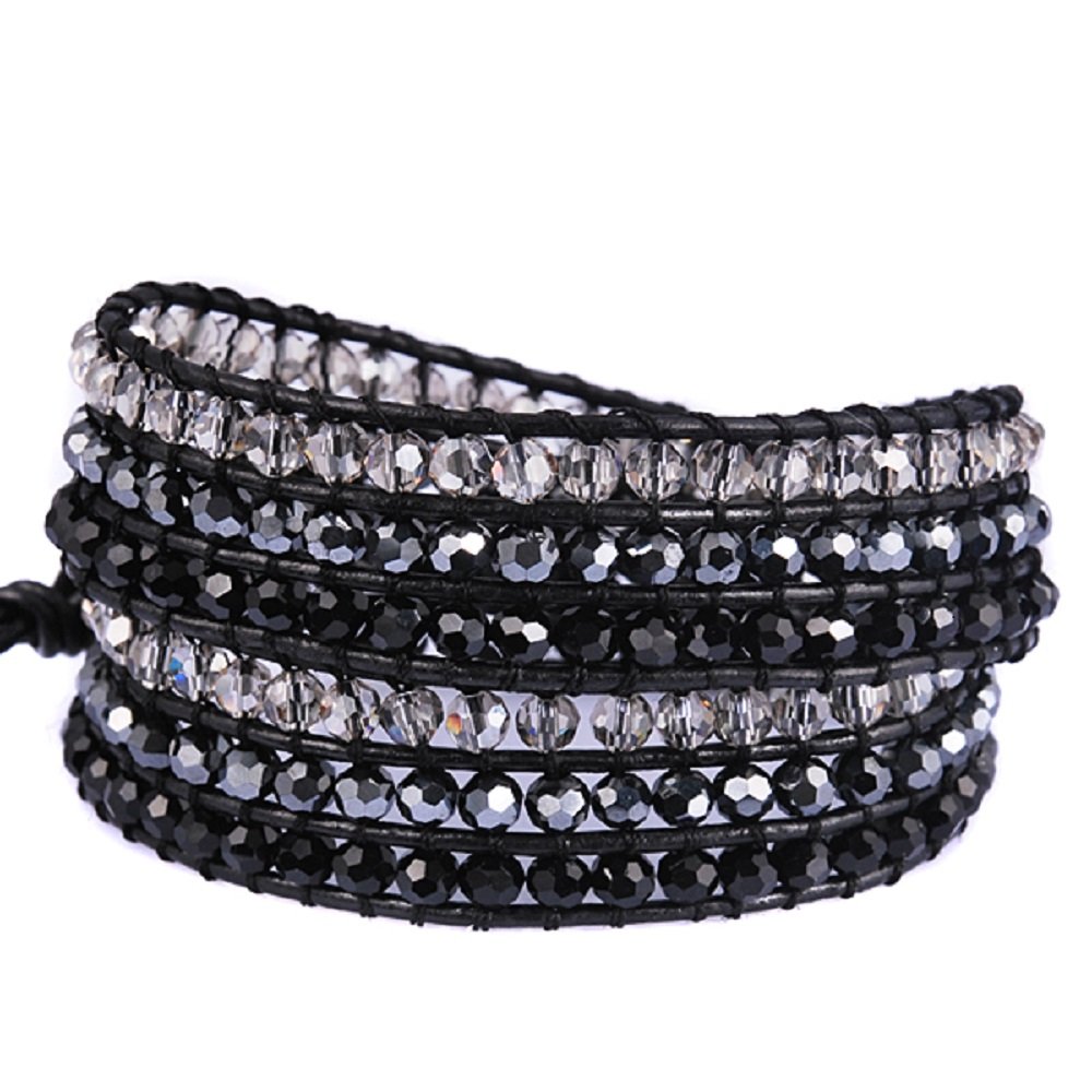 New! Genuine Leather Bracelet Multi Colors Beads Wrap Bracelet Nice Gift! (2 Wraps, facet rhinestone)