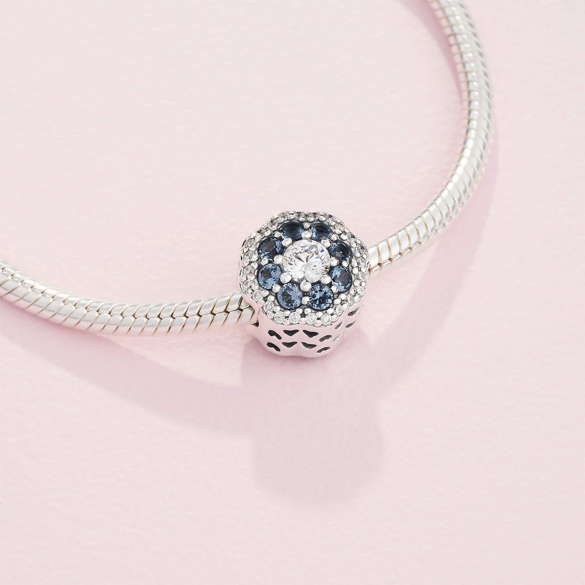 Pandora Jewelry Blue Sparkle Flower Crystal and Cubic Zirconia Charm in Sterling Silver
