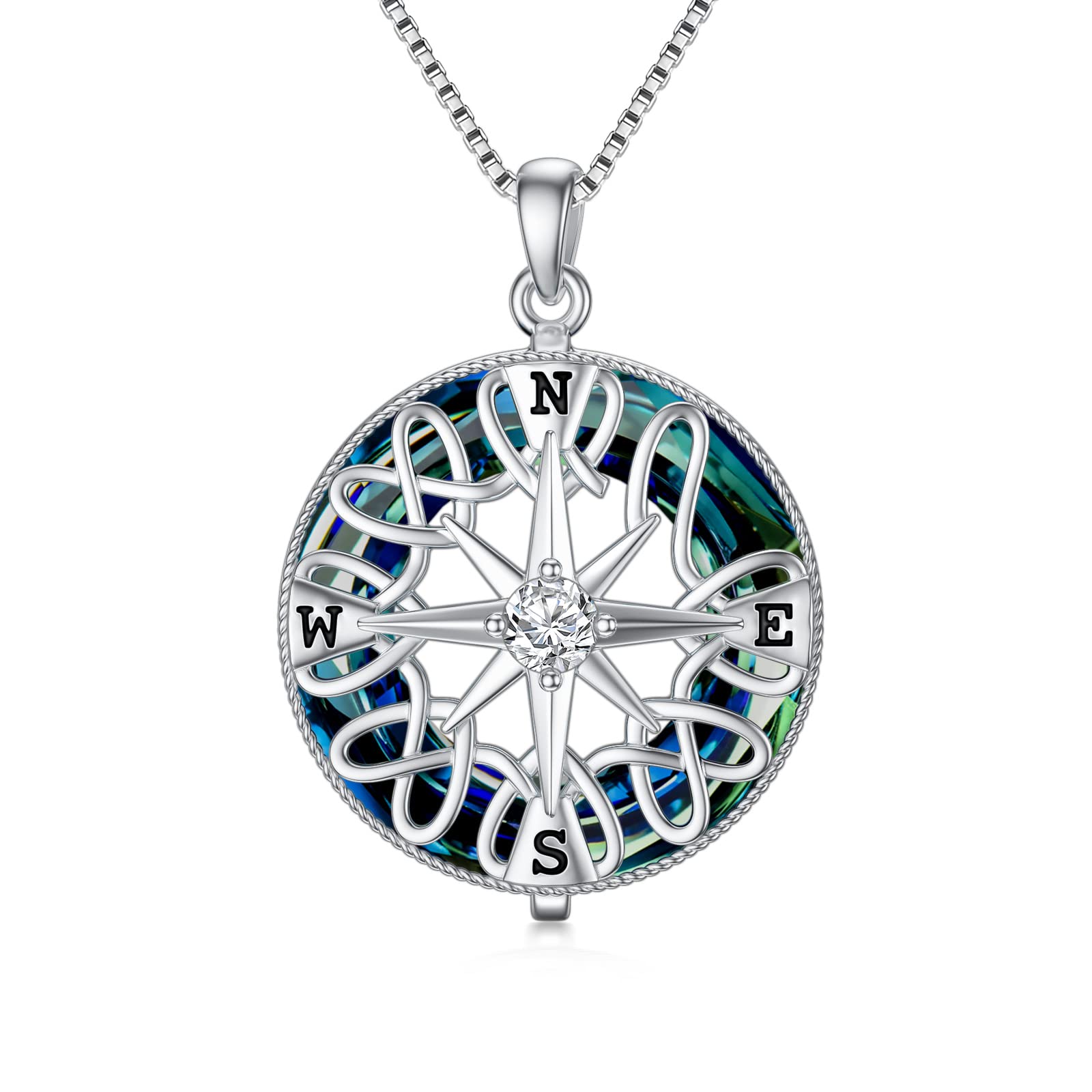 TOUPOP Celtic Compass Necklace Sterling Silver with Blue Circle Crystal Birthday Graduation Christmas Talisman Travel Necklace Inspirational Jewelry Gifts for Women
