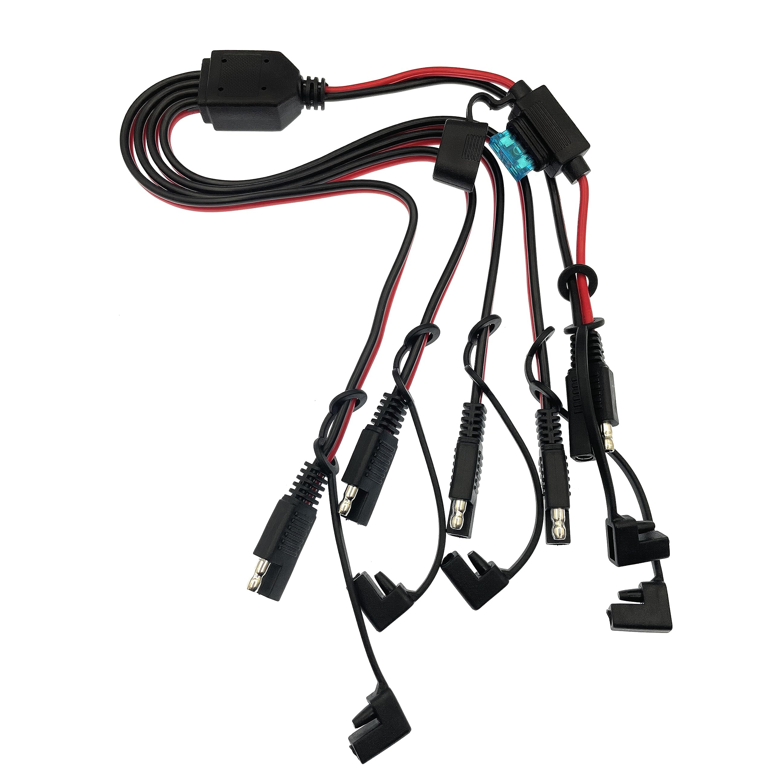 RedYutou SAE Connector Cable Y Splitter 1 to 4 SAE Extension Cable 14AWG 2ft with 10A 15A 20A 25A 30A Protection Fuse, Fit for Suitable for Solar Battery Connection and Transfer
