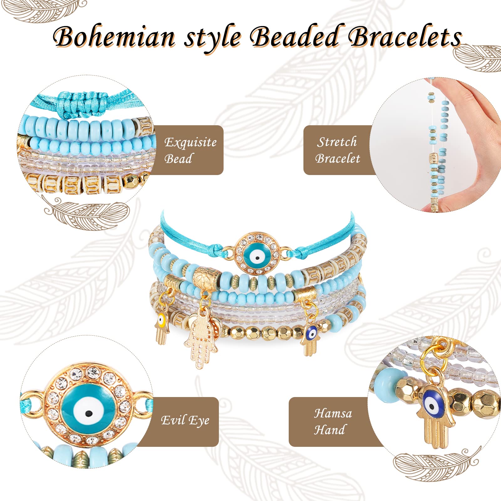 Yowivon 8 Sets Evil Eye Bracelets Pack Boho Jewelry Gifts for Women Colorful Mexican Bohemian Stretch Stackable Beaded Bracelet Hippie Bracelets