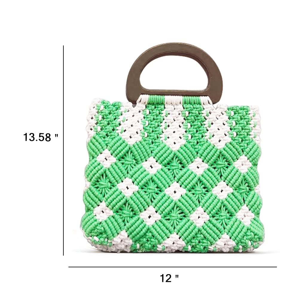 QTKJ Hand-Woven Boho Color Matching Women's Summer Beach Tote Bag Crochet Clutch Bag Woven Envelope Bag with Wooden Handle (Green&White)
