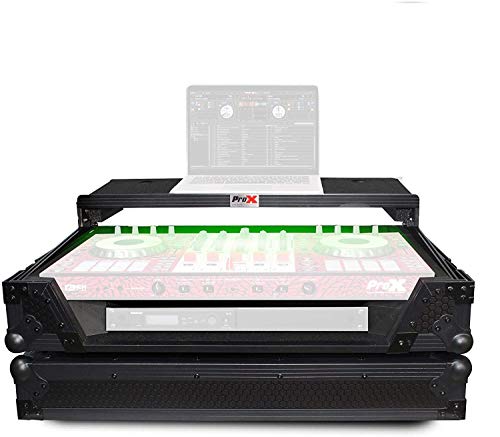 ProX Flight Case for Pioneer DJ DDJ-SX/RX & Denon MCX7000 With Sliding Laptop Shelf, LED Lights and Wheels- Black on Black Design - XS-DDJSX WLTBL LED